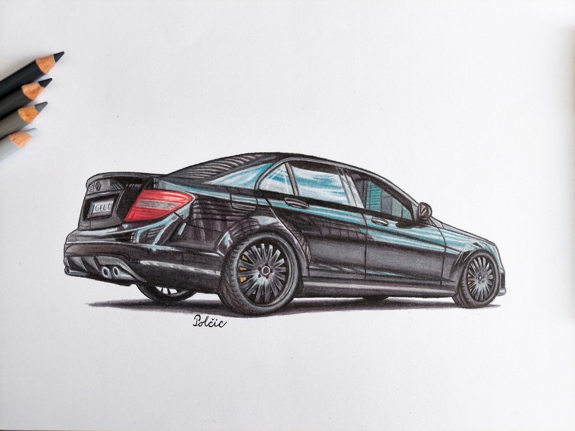 Mercedes-benz C63 W204 AMG Poster Realistic Car Drawing German Car ...