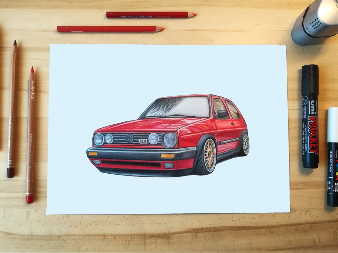 Volkswagen Golf Mk2 Poster Realistic Car Drawing Illustration Print ...