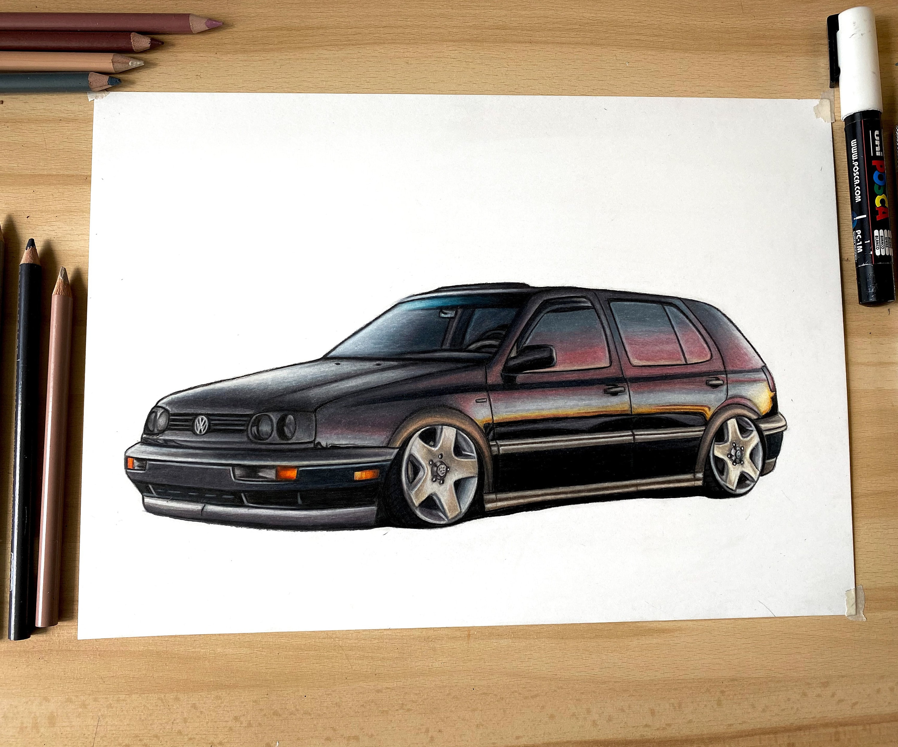 Volkswagen Golf Mk3 Poster Realistic Car Drawing Print Gift Wall Decor ...