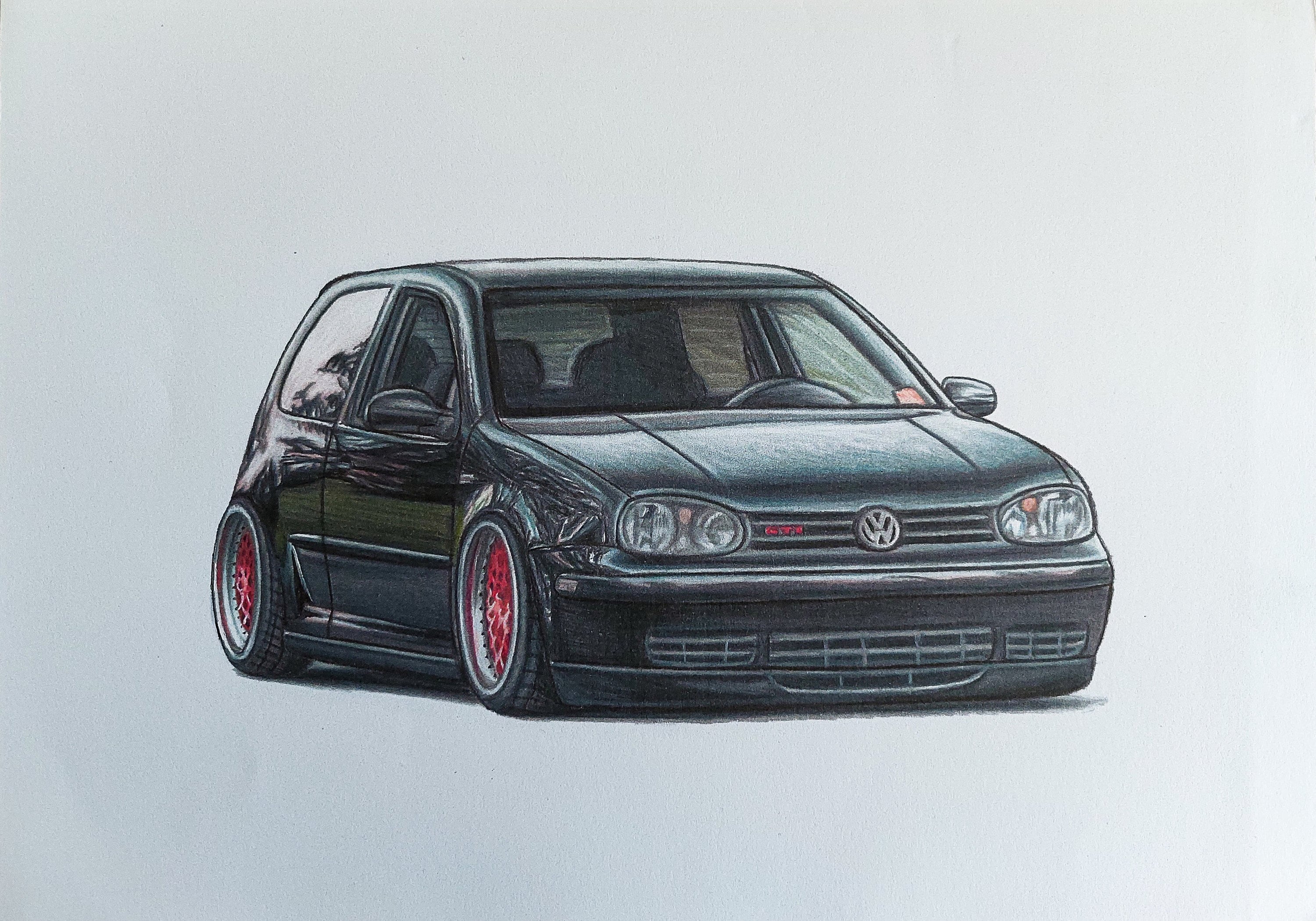 VOLKSWAGEN GOLF Mk4 Realistic Car Drawing Fine Art Print Poster Fathers ...