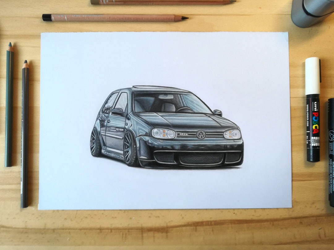 Volkswagen Golf Mk4 Poster Realistic Car Drawing Print Gift Wall Decor ...