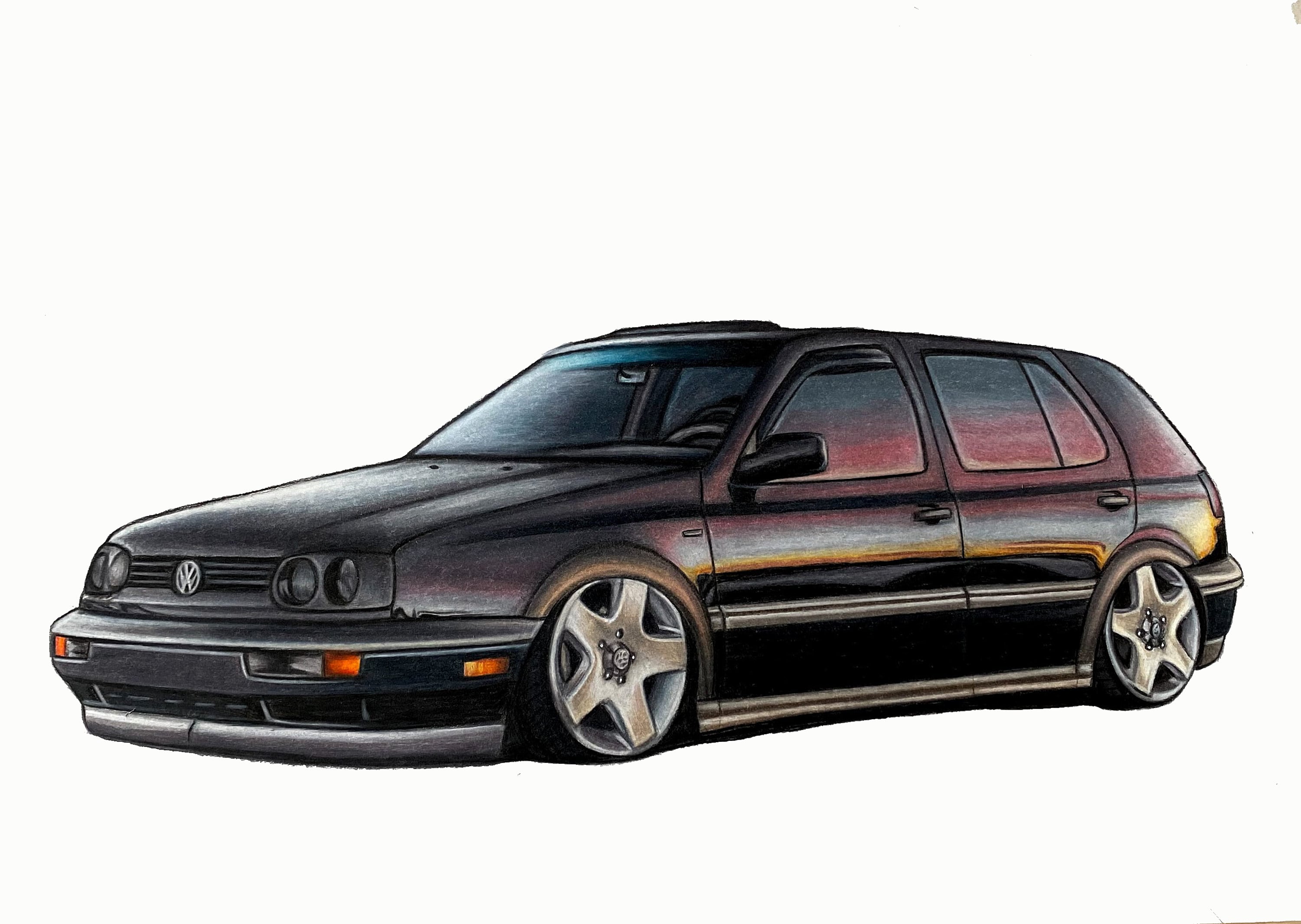 Volkswagen Golf Mk3 Poster Realistic Car Drawing Print Gift Wall Decor ...