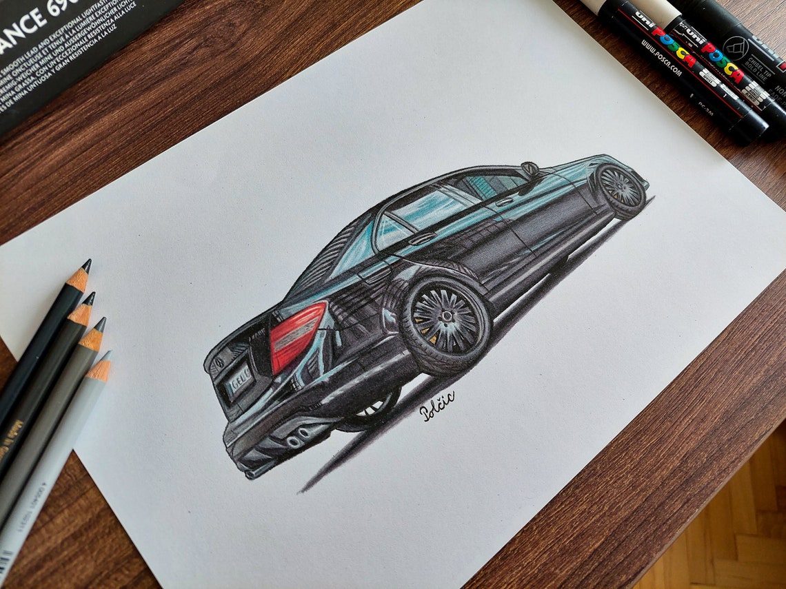 Mercedes-benz C63 W204 AMG Poster Realistic Car Drawing German Car ...