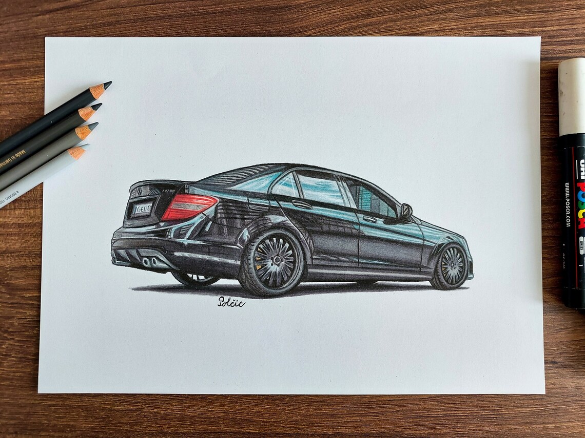 Mercedes-benz C63 W204 AMG Poster Realistic Car Drawing German Car ...