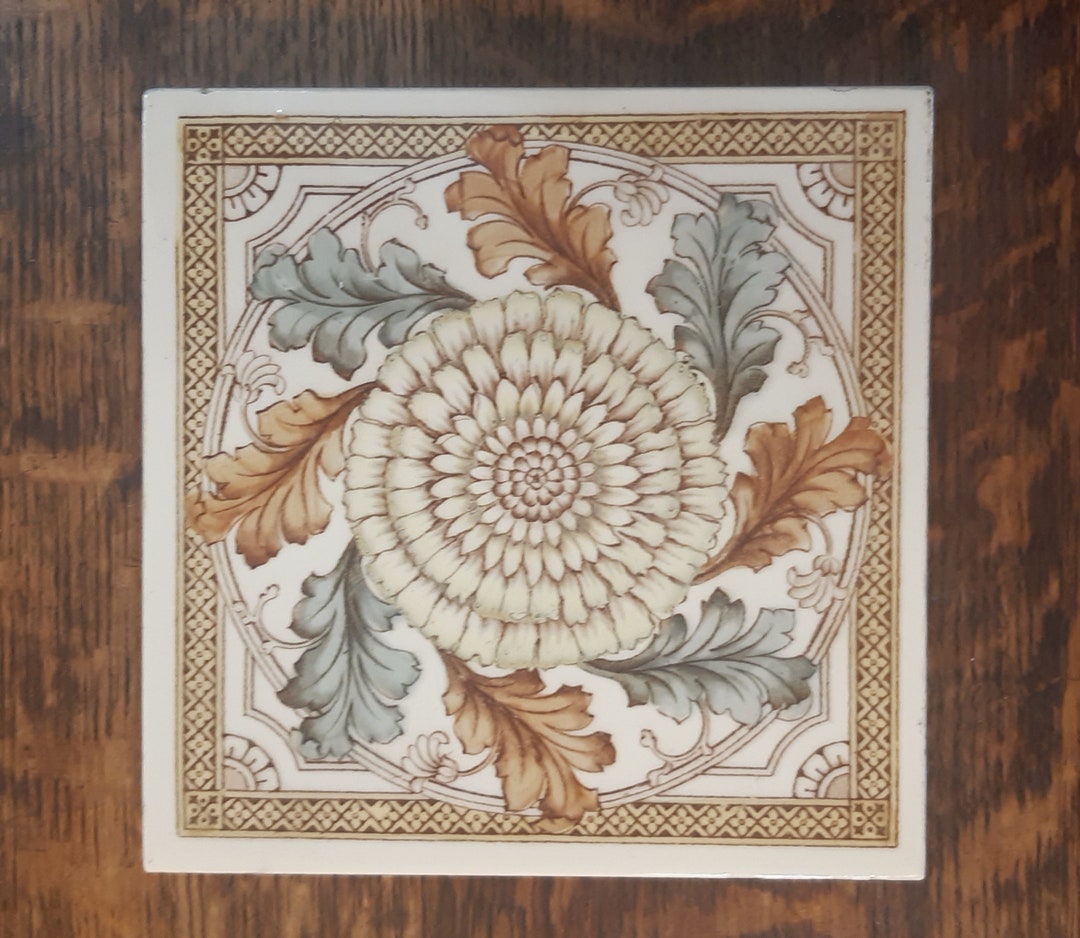Antique Tile Striking Aesthetic Tile of Marigold or Dahlia and Oak ...
