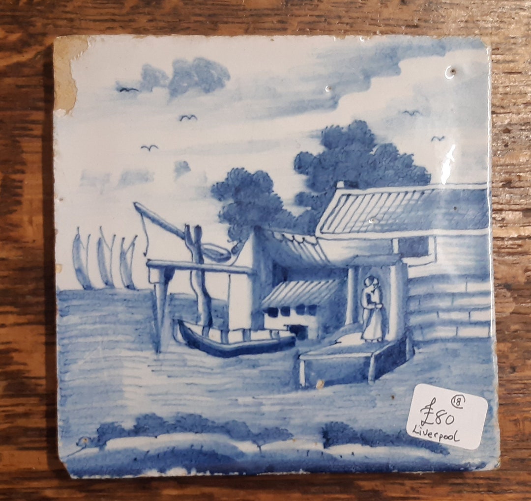 Antique Tile Delft Detailed Hand Painted Tile of River Scene About 1800 ...