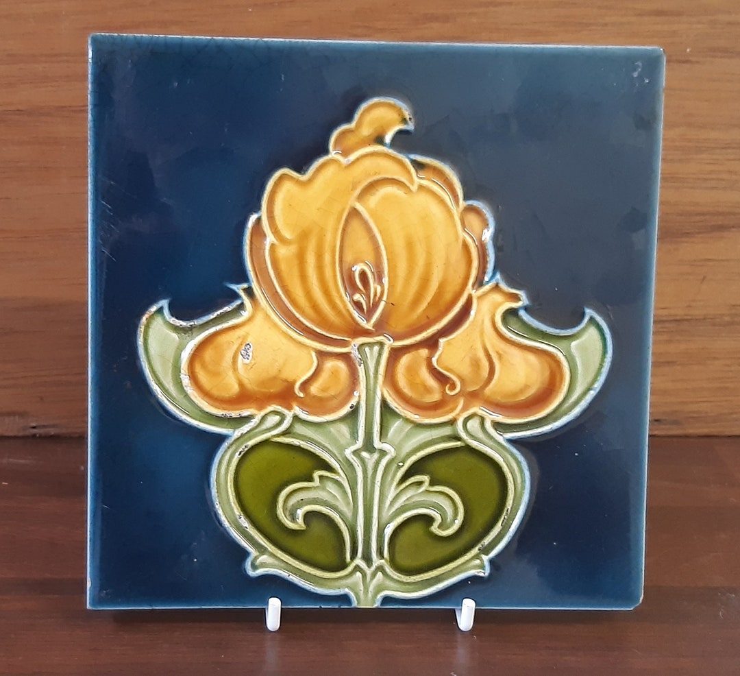 Antique Tile Art Nouveau Deep Blue Floral Design About 1905 - Etsy