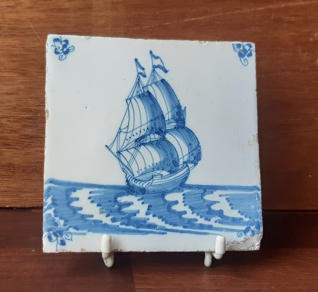 Antique Tile Dutch Delft Tin Glazed Tile of a Ship in Full Sail About ...