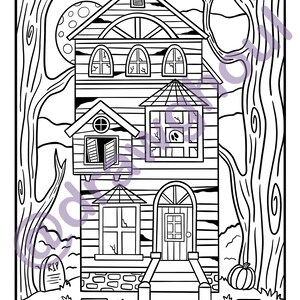 Haunted House Coloring Page – Halloween Spooky Scene (digital Download ...