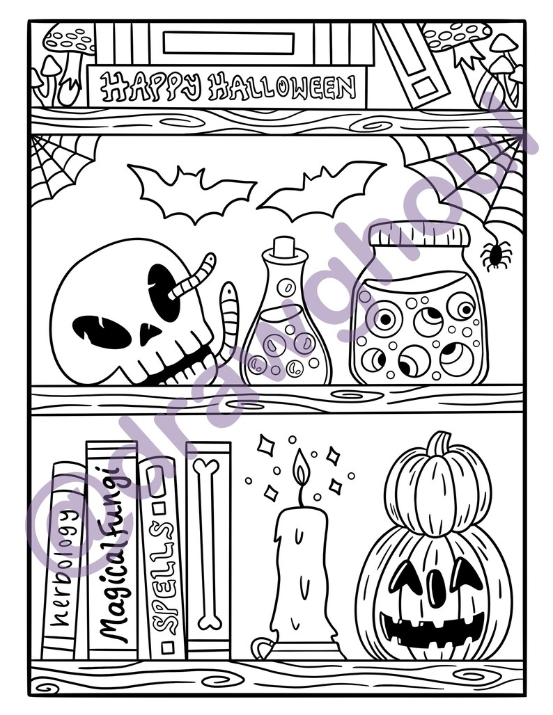 Witch's Shelf Halloween Coloring Page – Spooky Fall Activity (digital ...