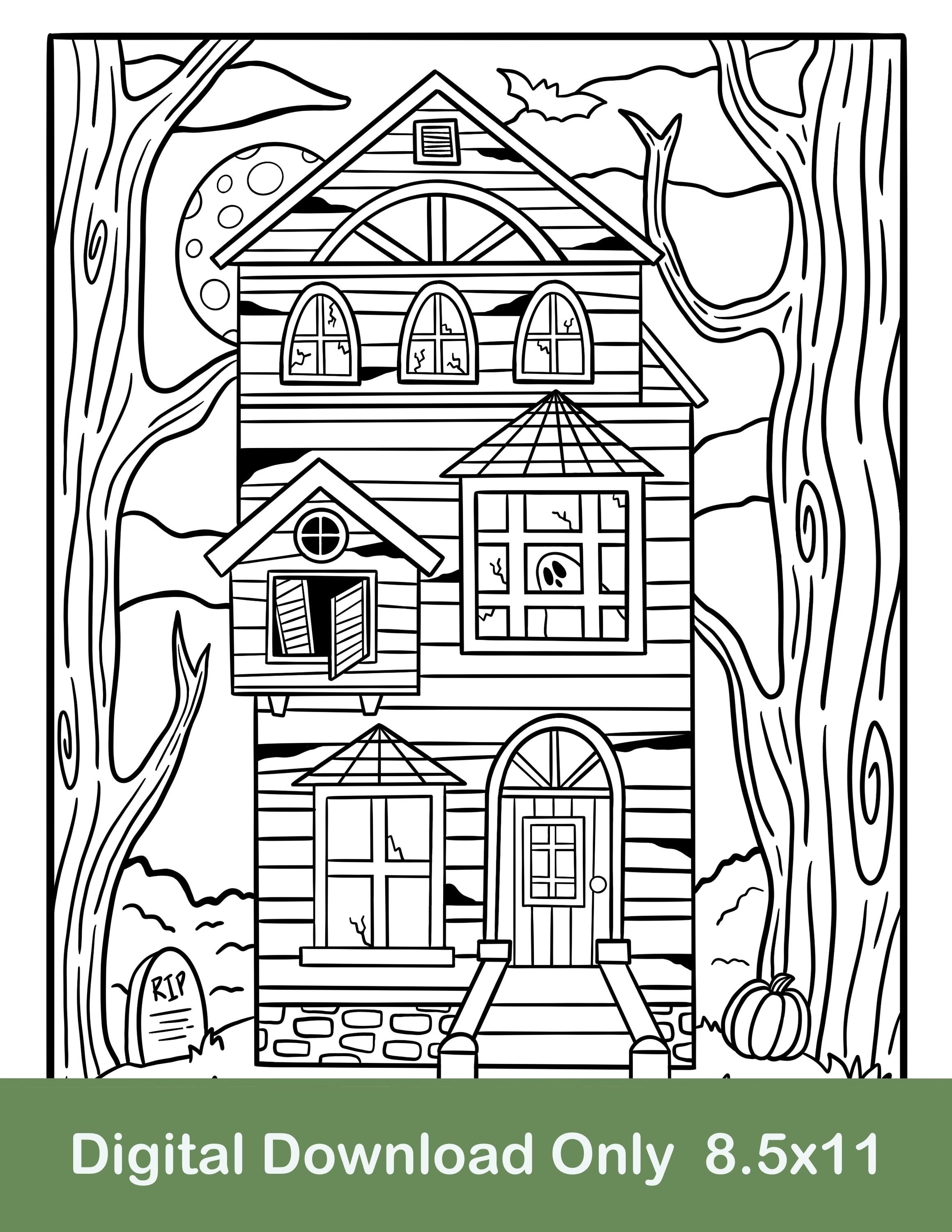 Haunted House Coloring Page – Halloween Spooky Scene (digital Download ...