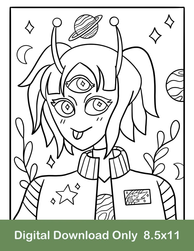 Alien Girl Printable Coloring Page Fashion Coloring Page - Etsy