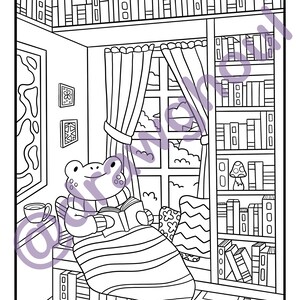 Cozy Frog Reading in Library Coloring Page (digital Download) - Etsy