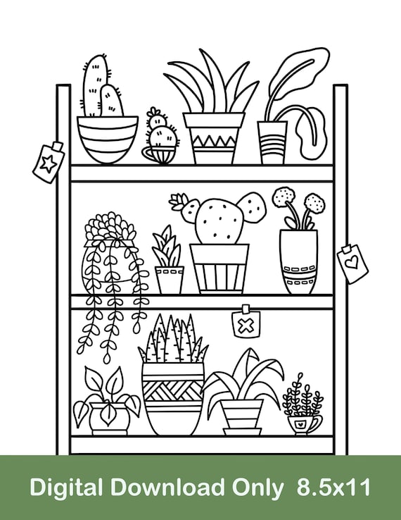 Plant Shelf Printable Coloring Page Potted Plant Coloring - Etsy