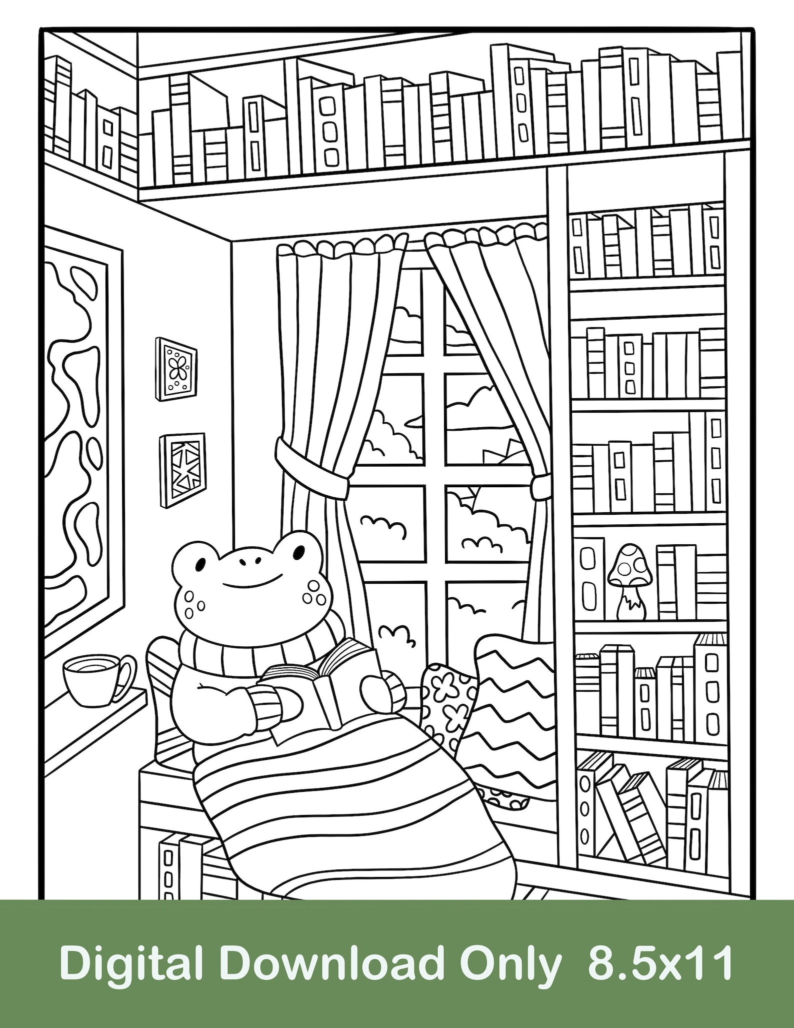 Cozy Frog Reading in Library Coloring Page (digital Download) - Etsy