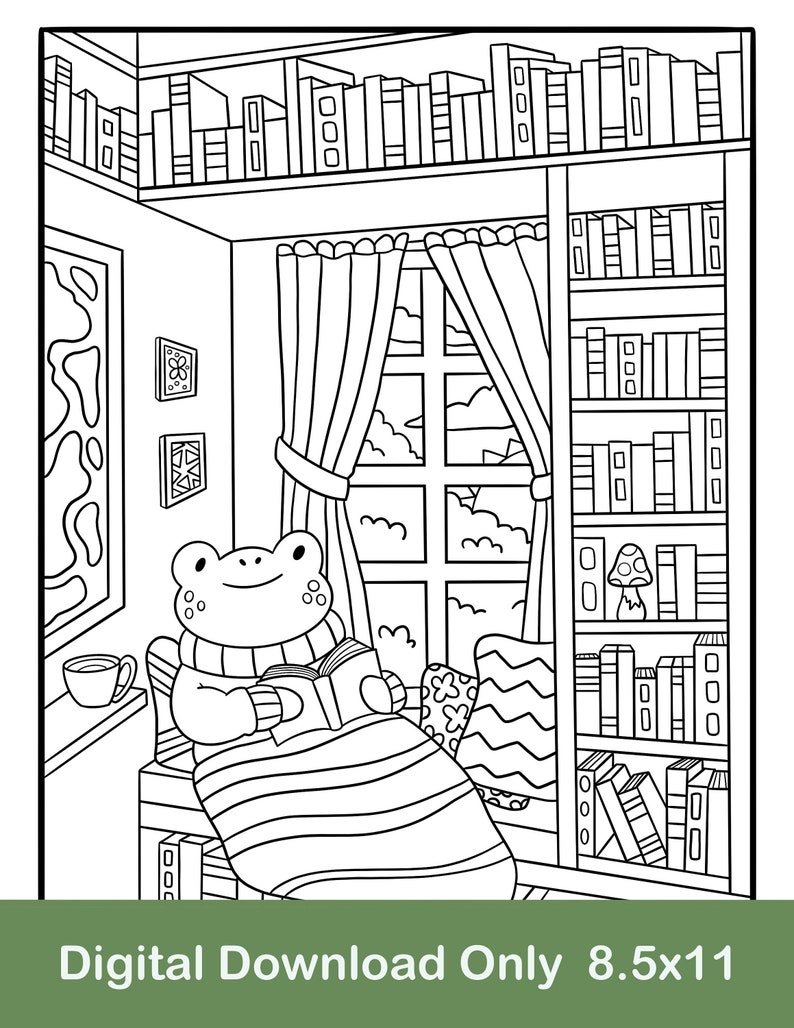 Cozy Frog Reading in Library Coloring Page (digital Download) - Etsy