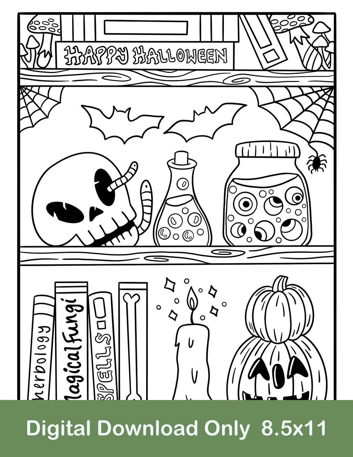 Witch's Shelf Halloween Coloring Page – Spooky Fall Activity (digital ...