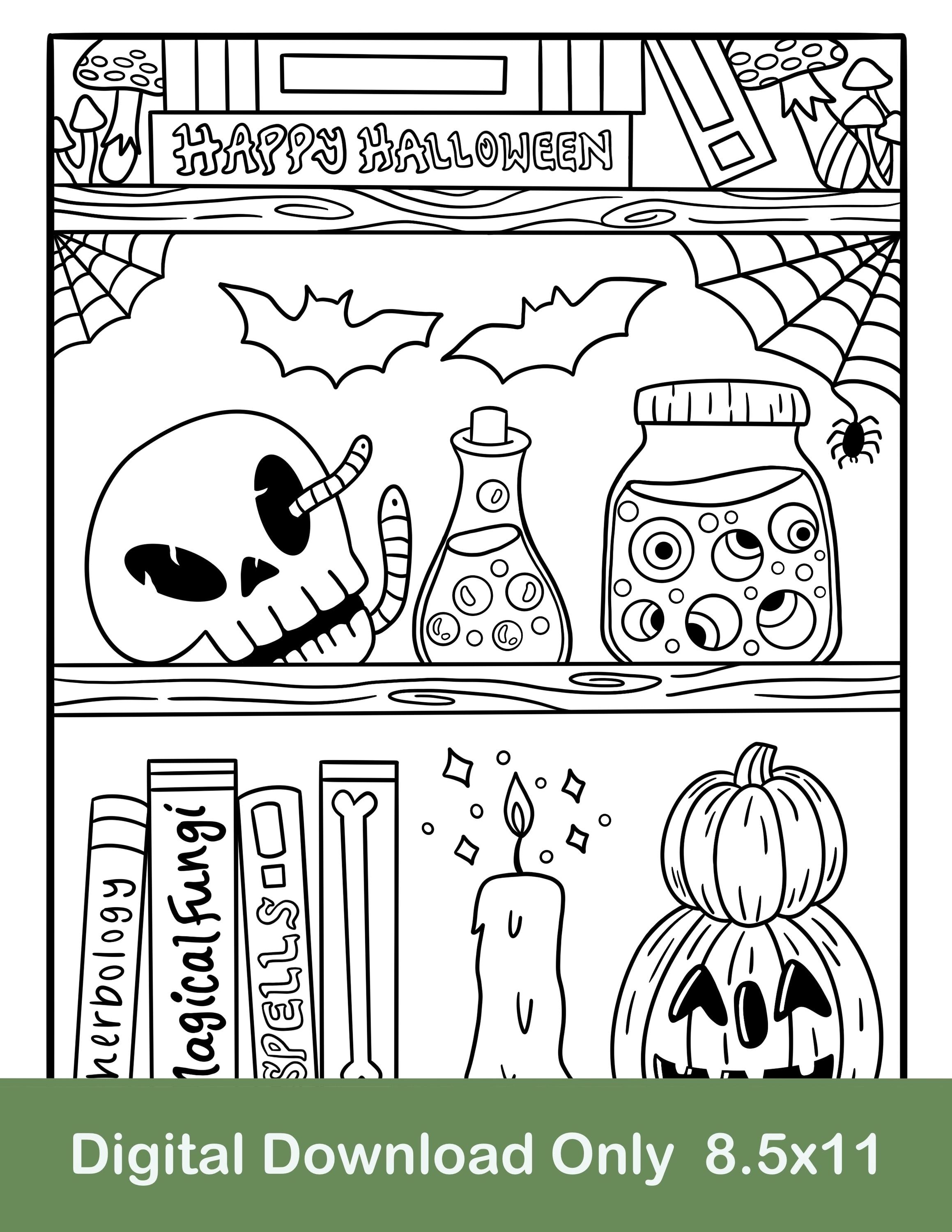 Witch's Shelf Halloween Coloring Page – Spooky Fall Activity (digital ...
