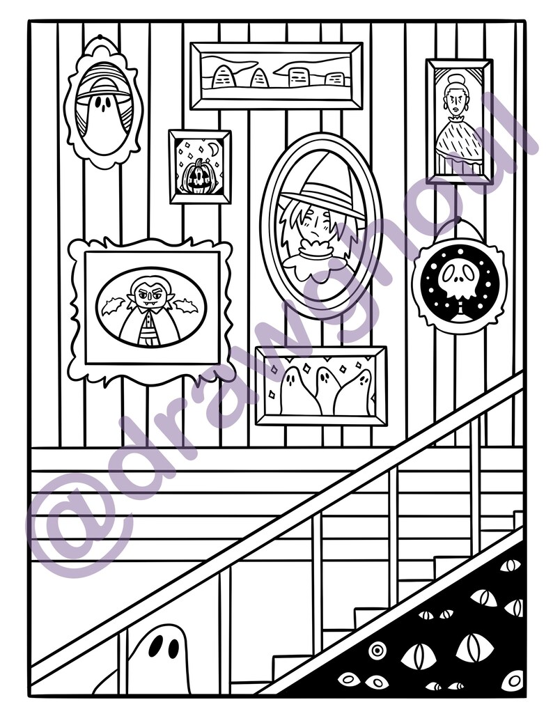 Spooky Stairs Halloween Coloring Page - Creepy Portraits (digital ...