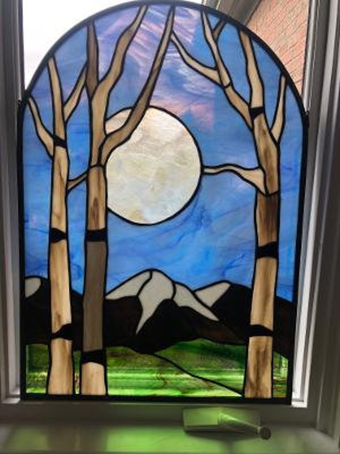 Stained Glass Snow Cap Mountains Window Panel Hanging Outdoor | Etsy
