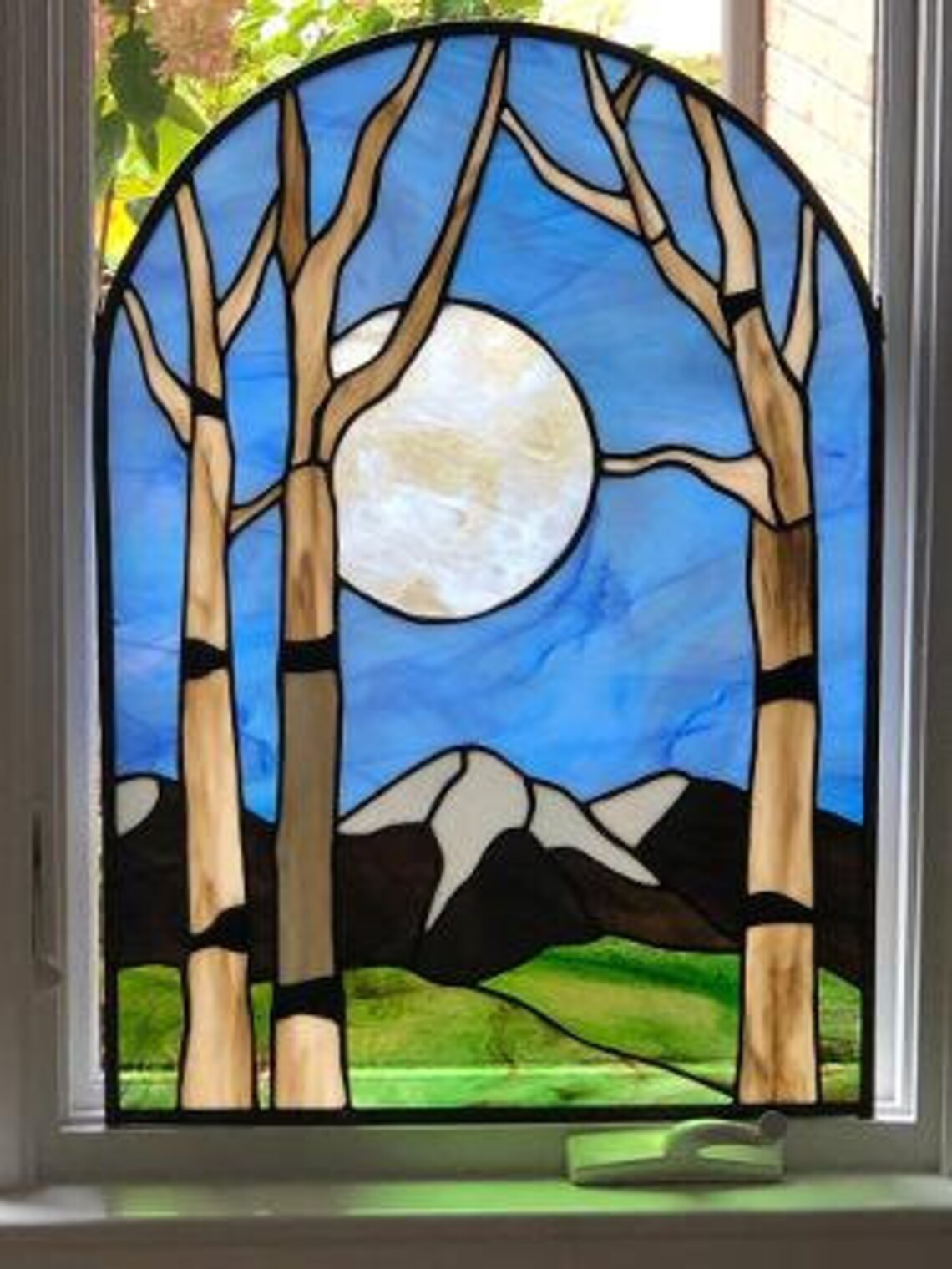 Stained Glass Snow Cap Mountains Window Panel Hanging Outdoor | Etsy