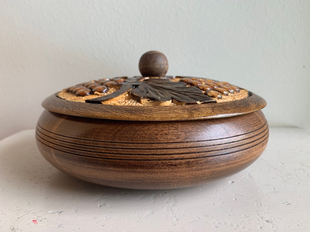Vintage Round Wooden Box, Carved Bunch of Grapes and Leaf. - Etsy