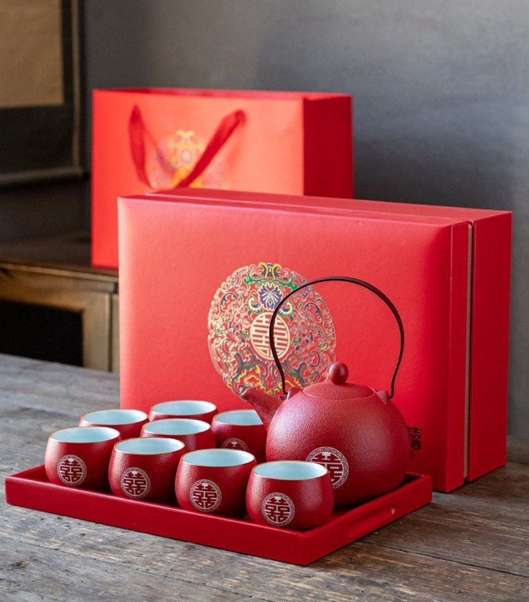 Auspicious Red Matte Finish Wedding Tea Set With White Double Happiness ...