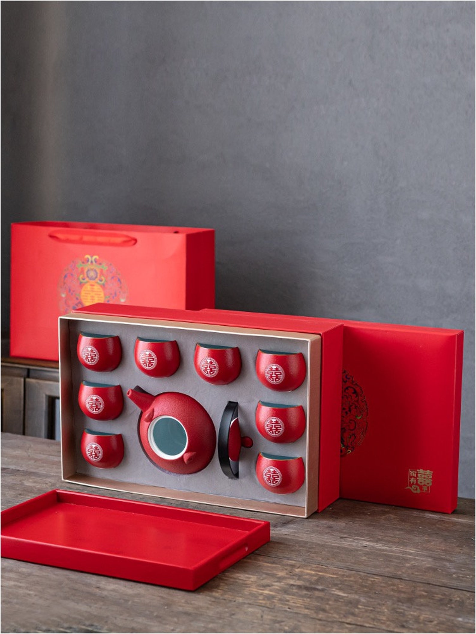 Auspicious Red Matte Finish Wedding Tea Set With White Double Happiness ...