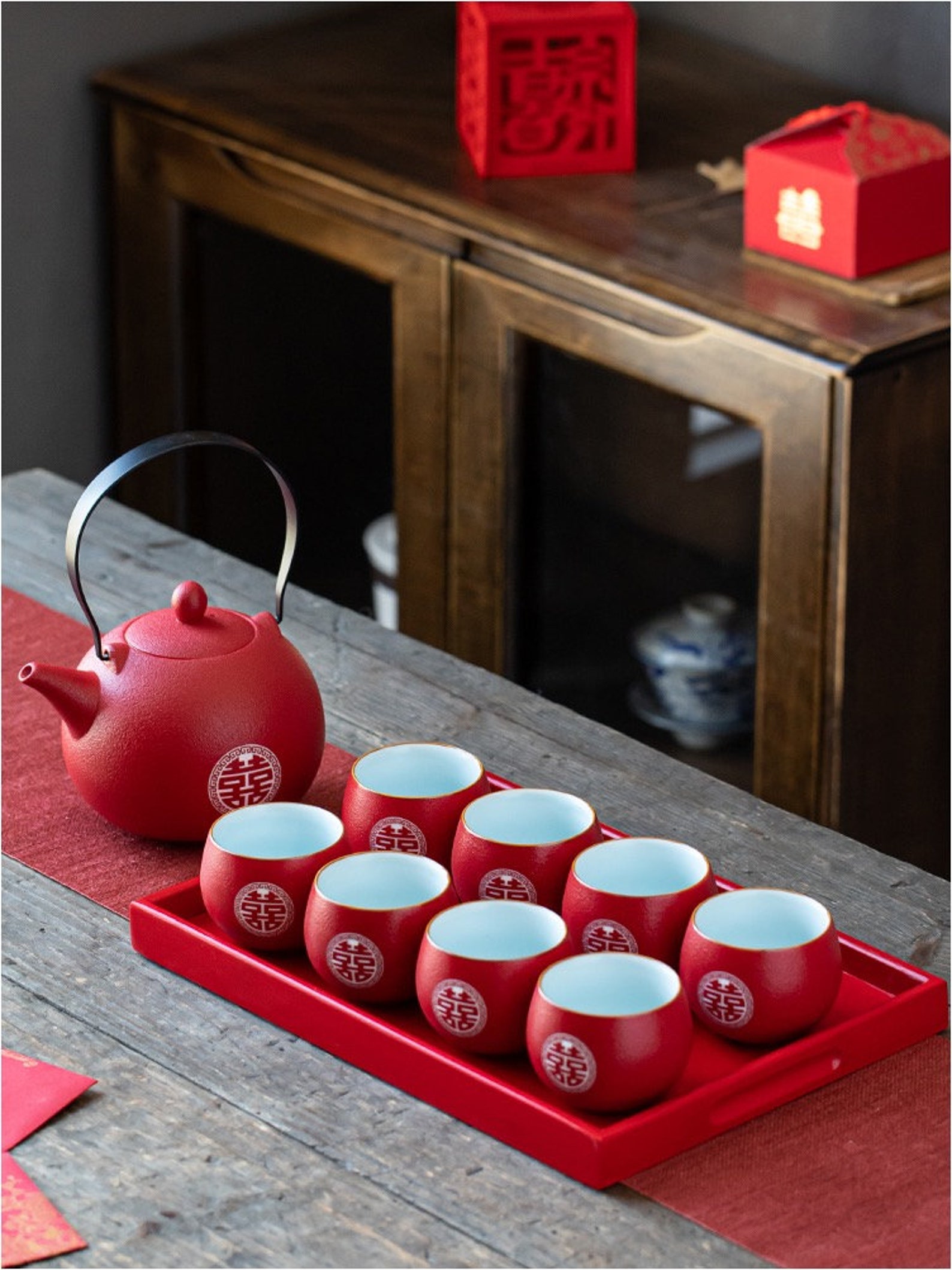 Auspicious Red Matte Finish Wedding Tea Set With White Double Happiness ...