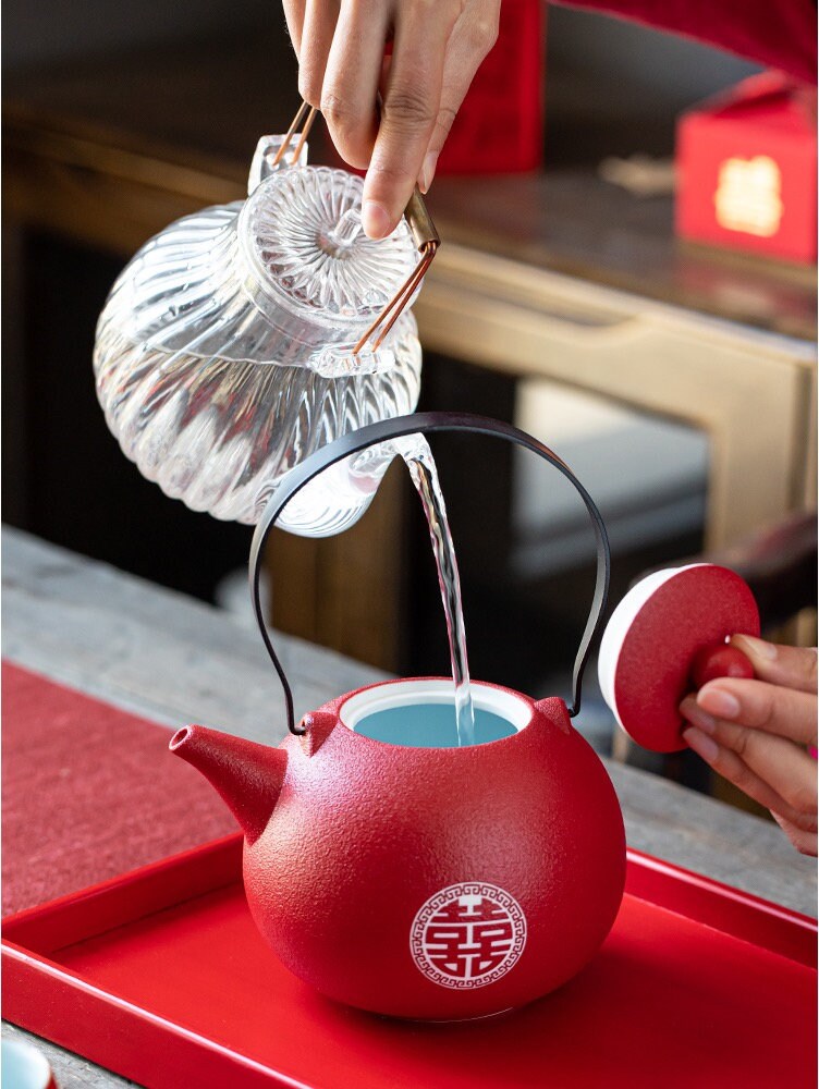 Auspicious Red Matte Finish Wedding Tea Set With White Double Happiness ...