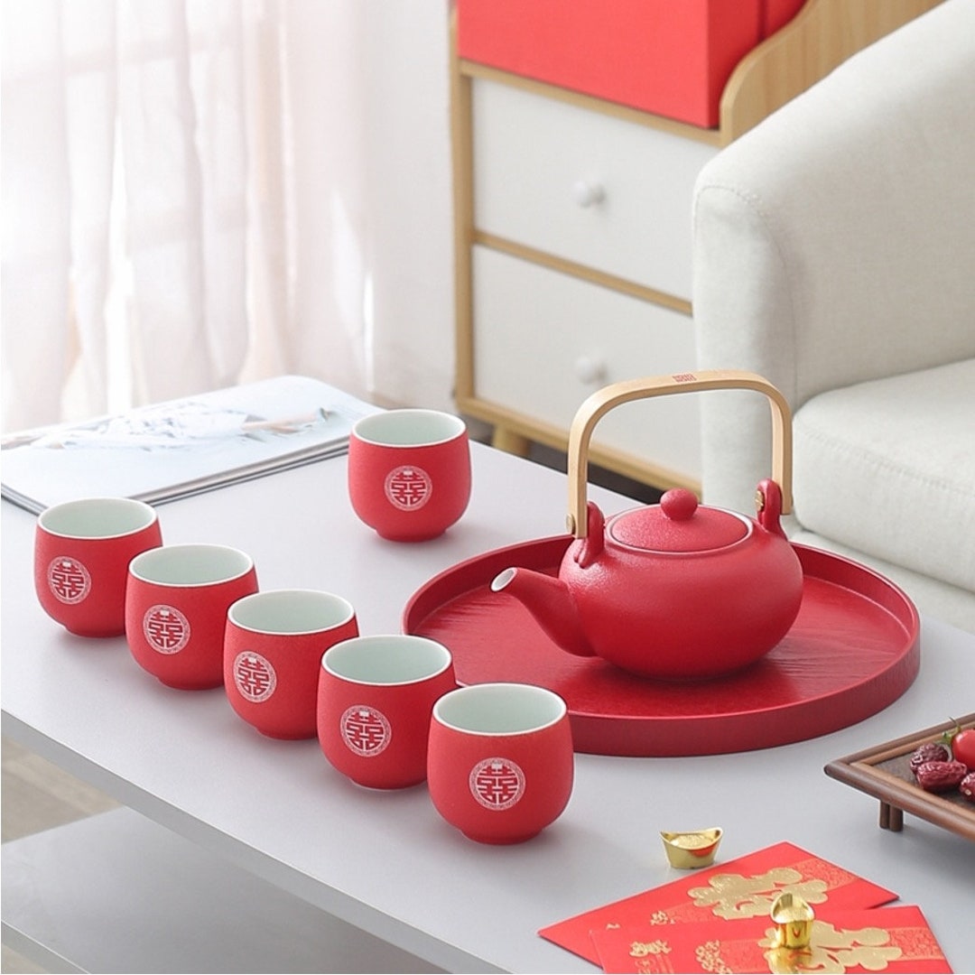 Auspicious Red Matte Finish Wedding Tea Set With Double Happiness ...