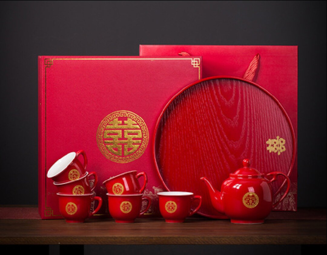 Auspicious Red Wedding Tea Set With Gold Double Happiness Symbol: Large Volume Teapot and ...