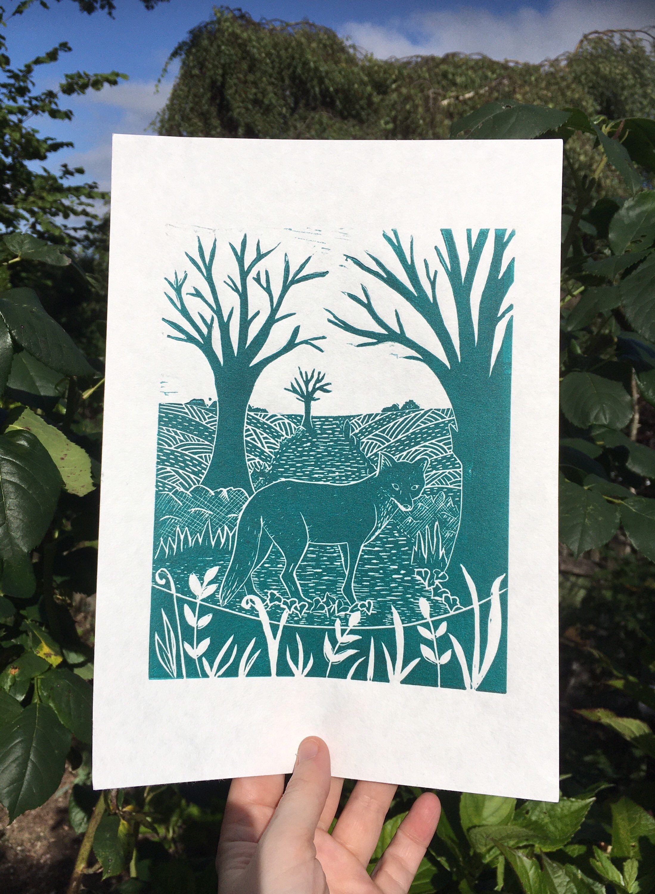 Winter Fox Original Lino Print in Teal: Handmade Woodland Art, Limited ...