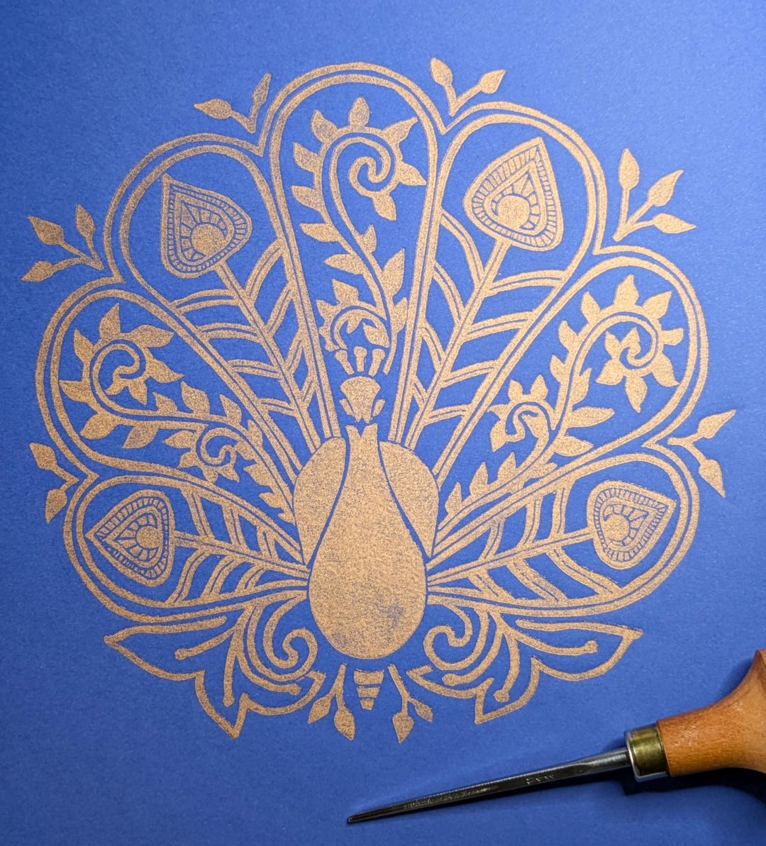 Peacock Original Linocut Lino Print - Copper Ink on Midnight Blue Paper ...