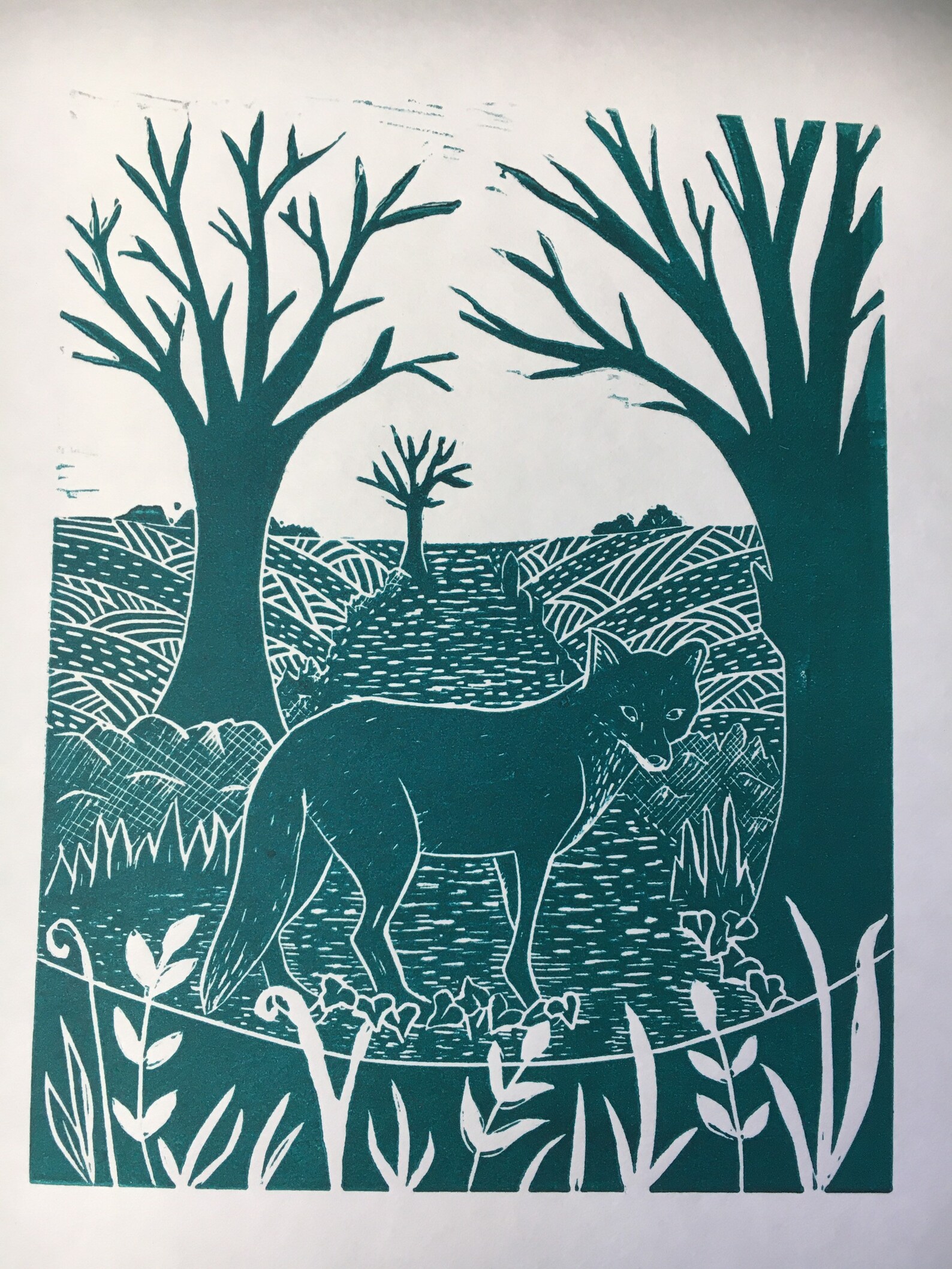 Winter Fox Original Lino Print in Teal: Handmade Woodland Art, Limited ...