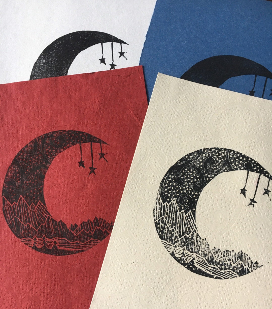 Moon Landscape With Mountains & Stars Original Limited Edition Linocut ...