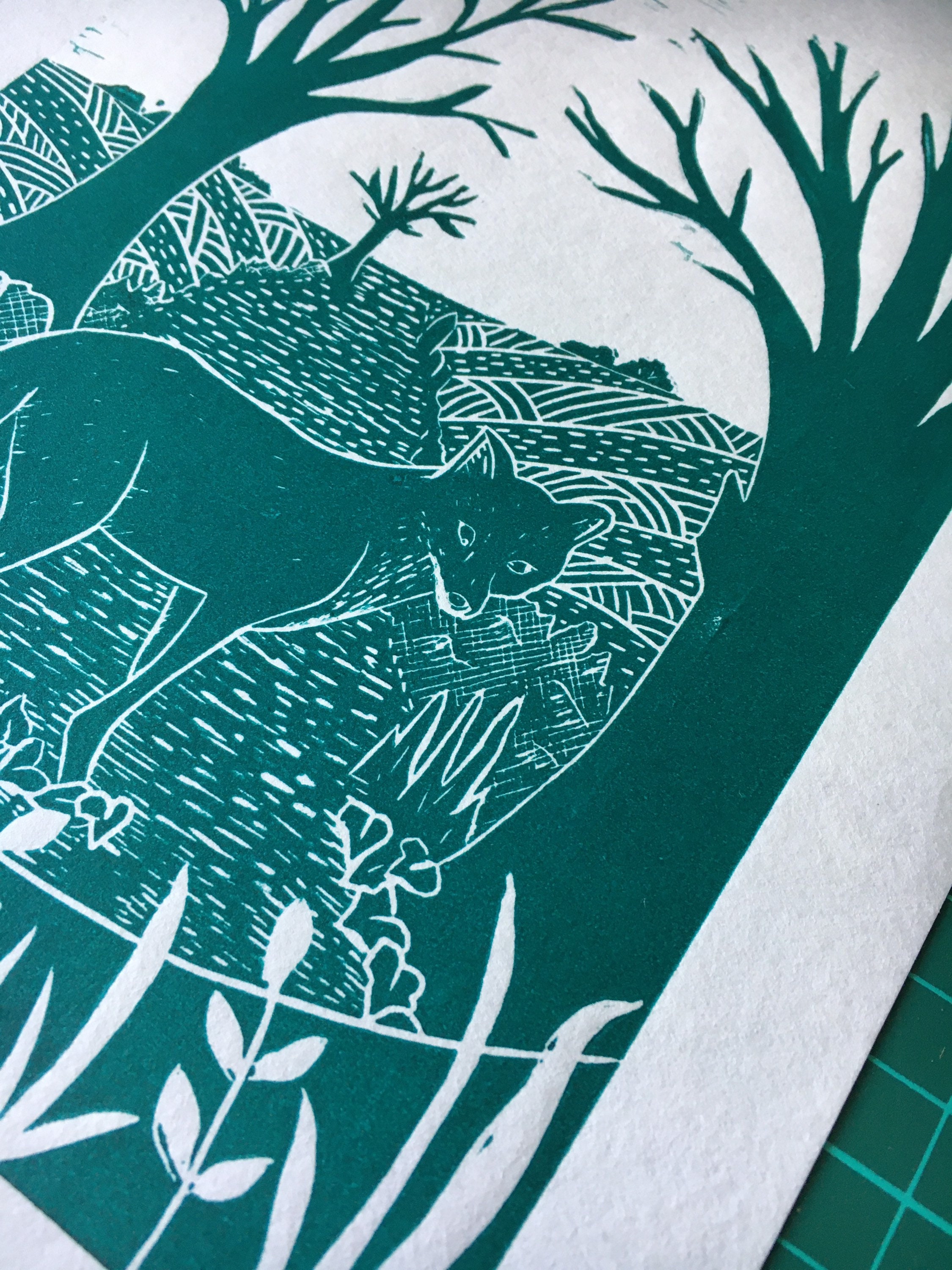 Winter Fox Original Lino Print in Teal: Handmade Woodland Art, Limited ...