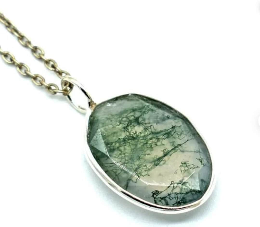 Moss Agate Necklace, Moss Agate Pendant, Handmade Bezel Pendant, Oval ...
