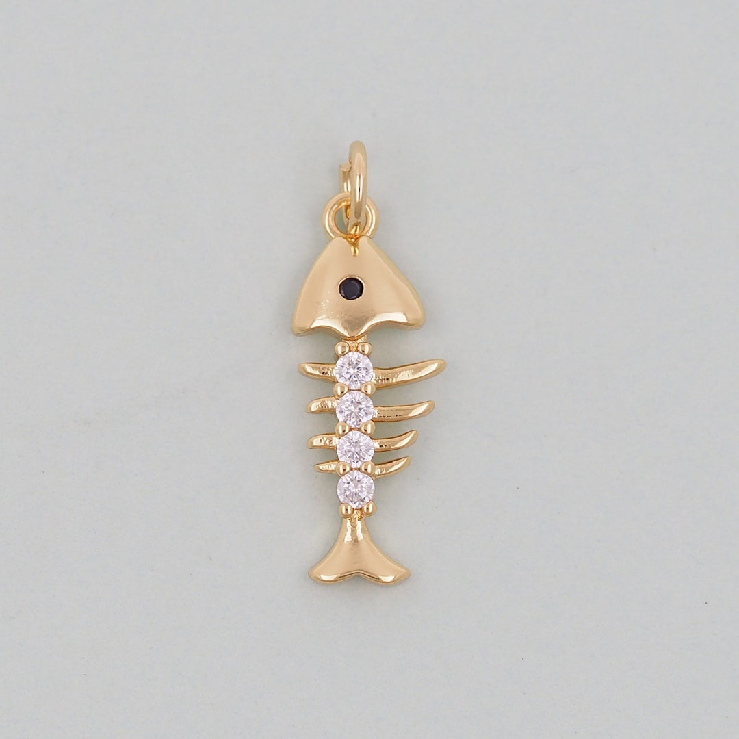 Gold Fish Bone Charms,18k Gold Filled CZ Fish Pendant,fish Charm ...