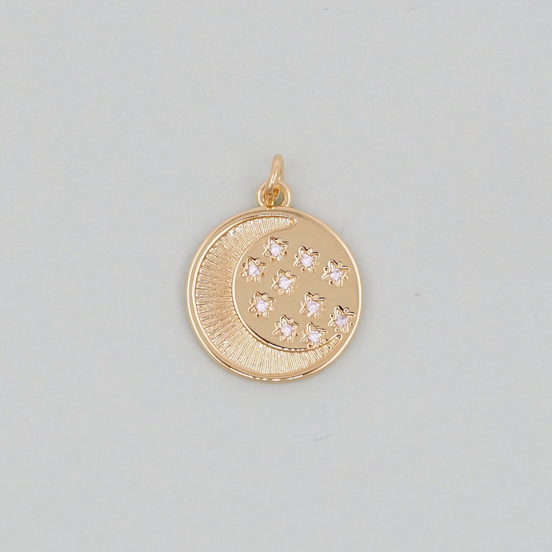 Gold Round Moon Star Charms,18k Gold Filled CZ Moon Pendant,celestial ...