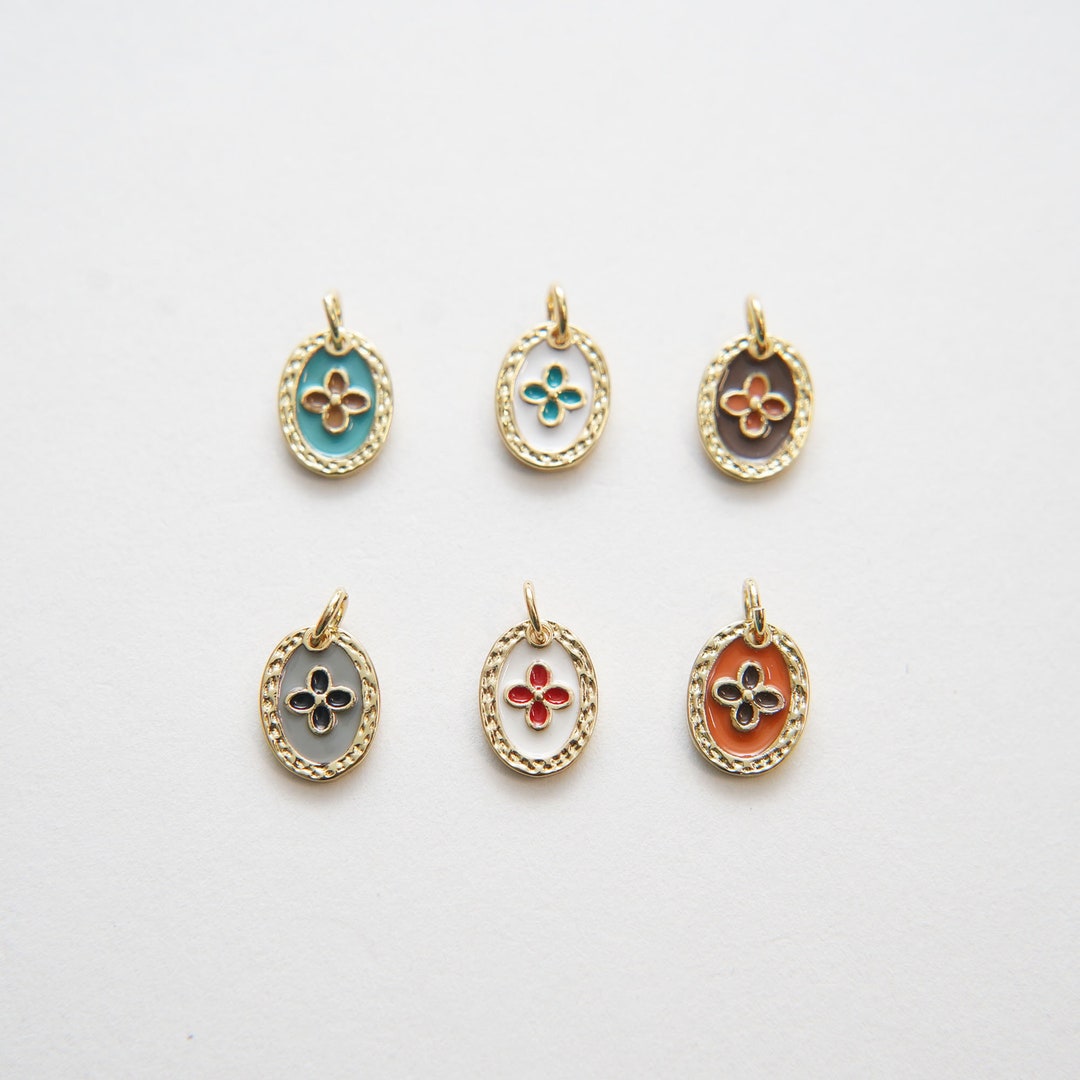 Gold Luck Charms,18k Gold Filled Oval Enamel Flower Pendant Charm ...