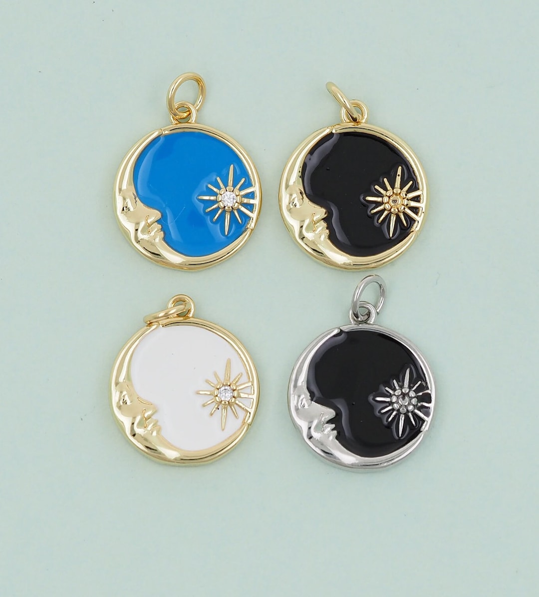 Gold Round Moon Star Charms,18k Gold Filled CZ Enamel Moon Pendant ...