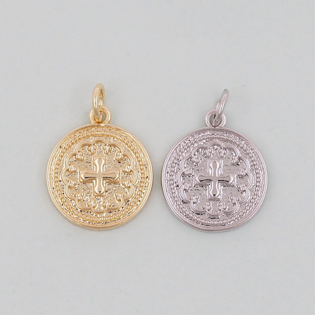 Gold Cross Charms,18k Gold Filled Round Coin Cross Pendant,religious ...
