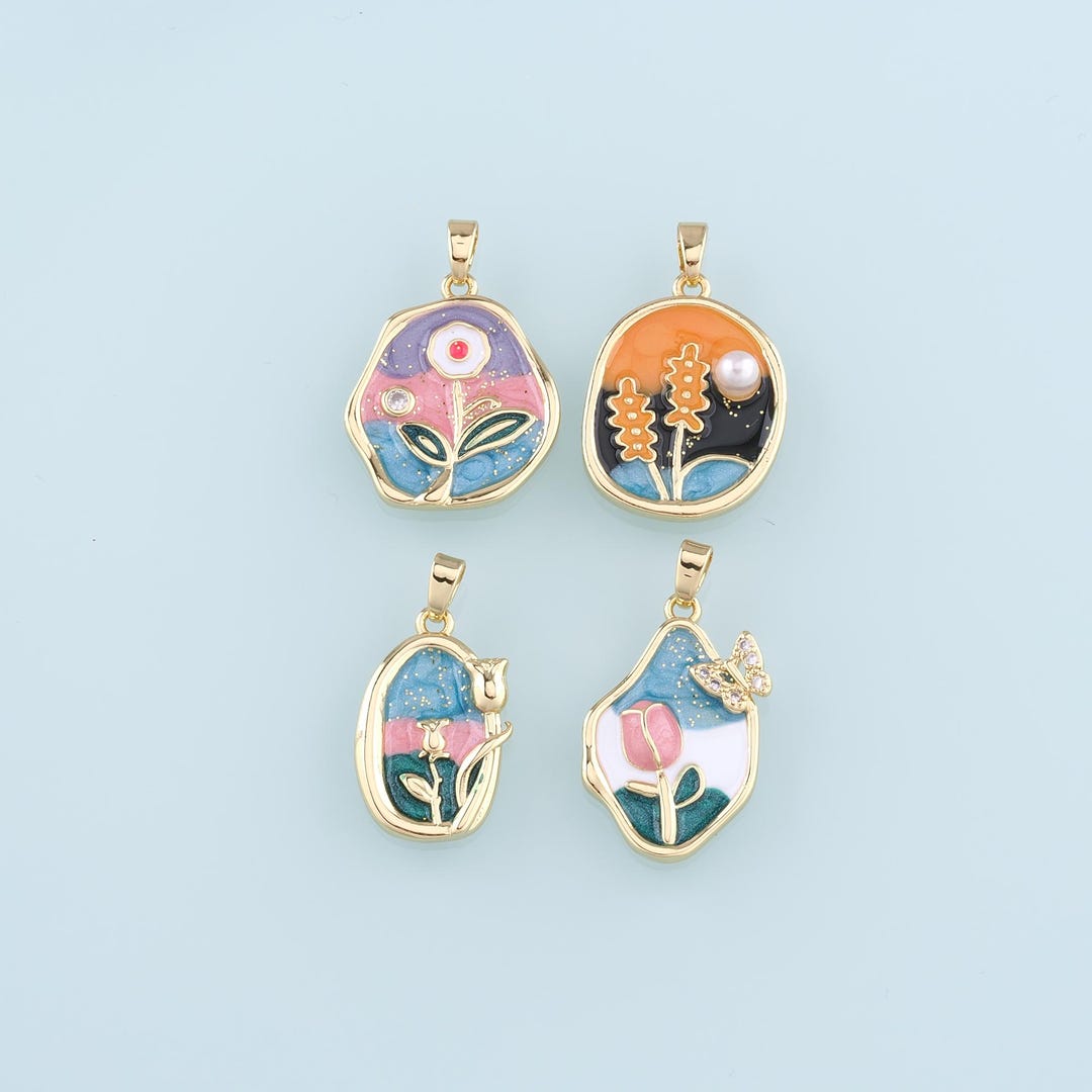 Gold Flower Charms,18k Gold Filled Flower Pendant,enamel Flower Charm ...