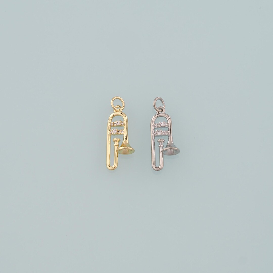 Gold Musical Instrument Charms,18k Gold Filled Trombone Pendant,cz ...