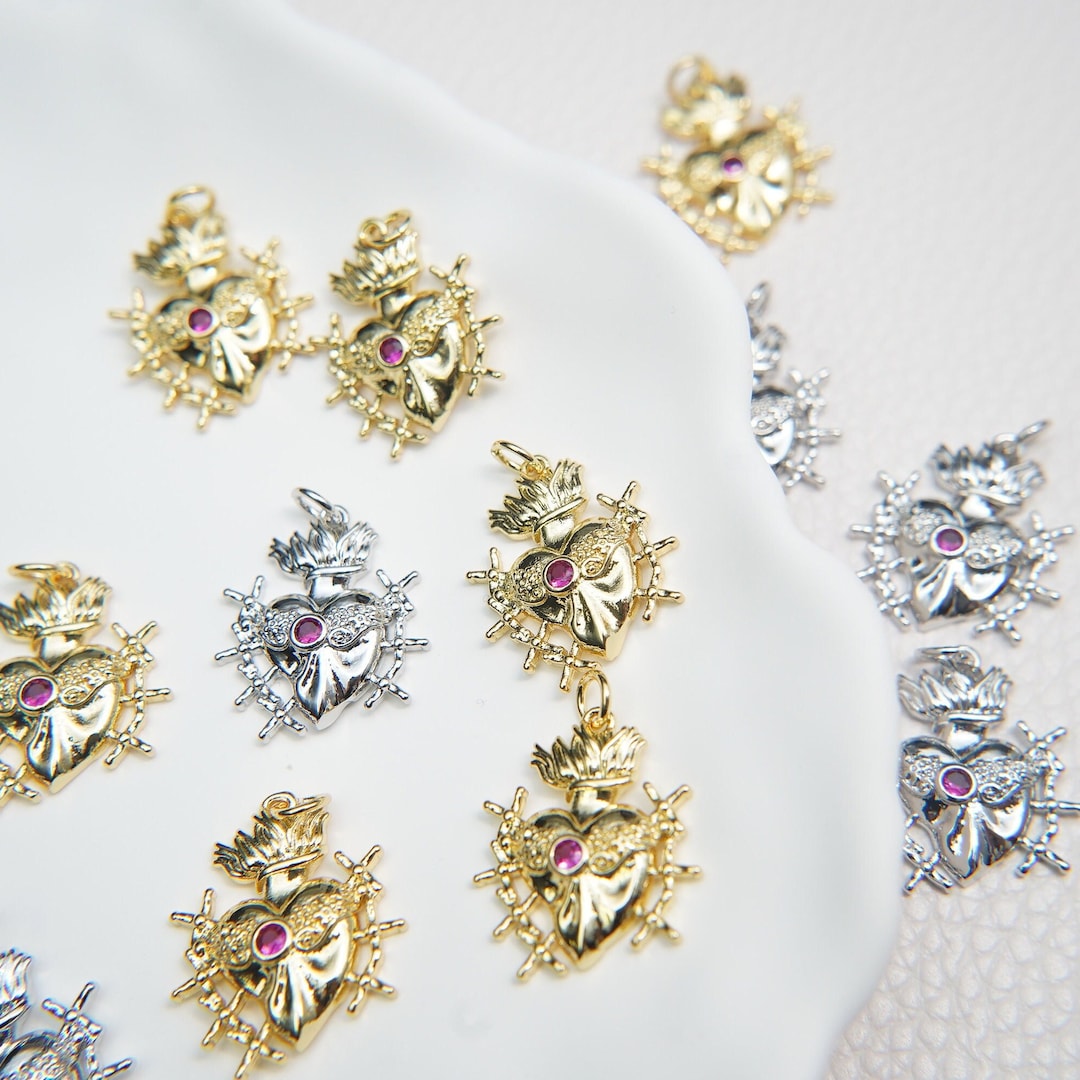 Gold Sacred Heart Charms,18k Gold Filled CZ Sacred Heart Pendant,silver ...