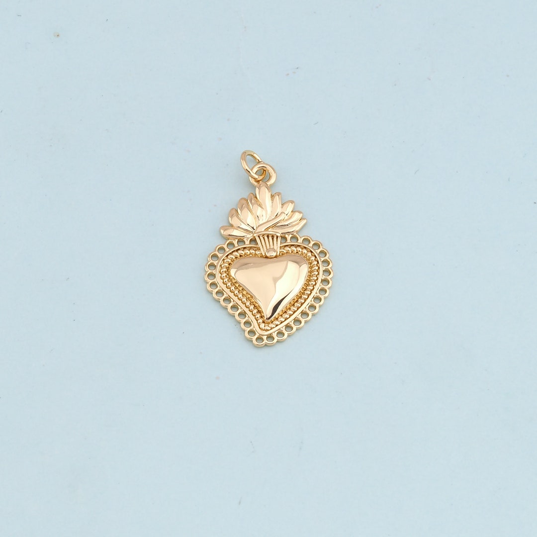 Gold Sacred Heart Charms,18k Gold Filled Flame Sacred Heart Pendant ...