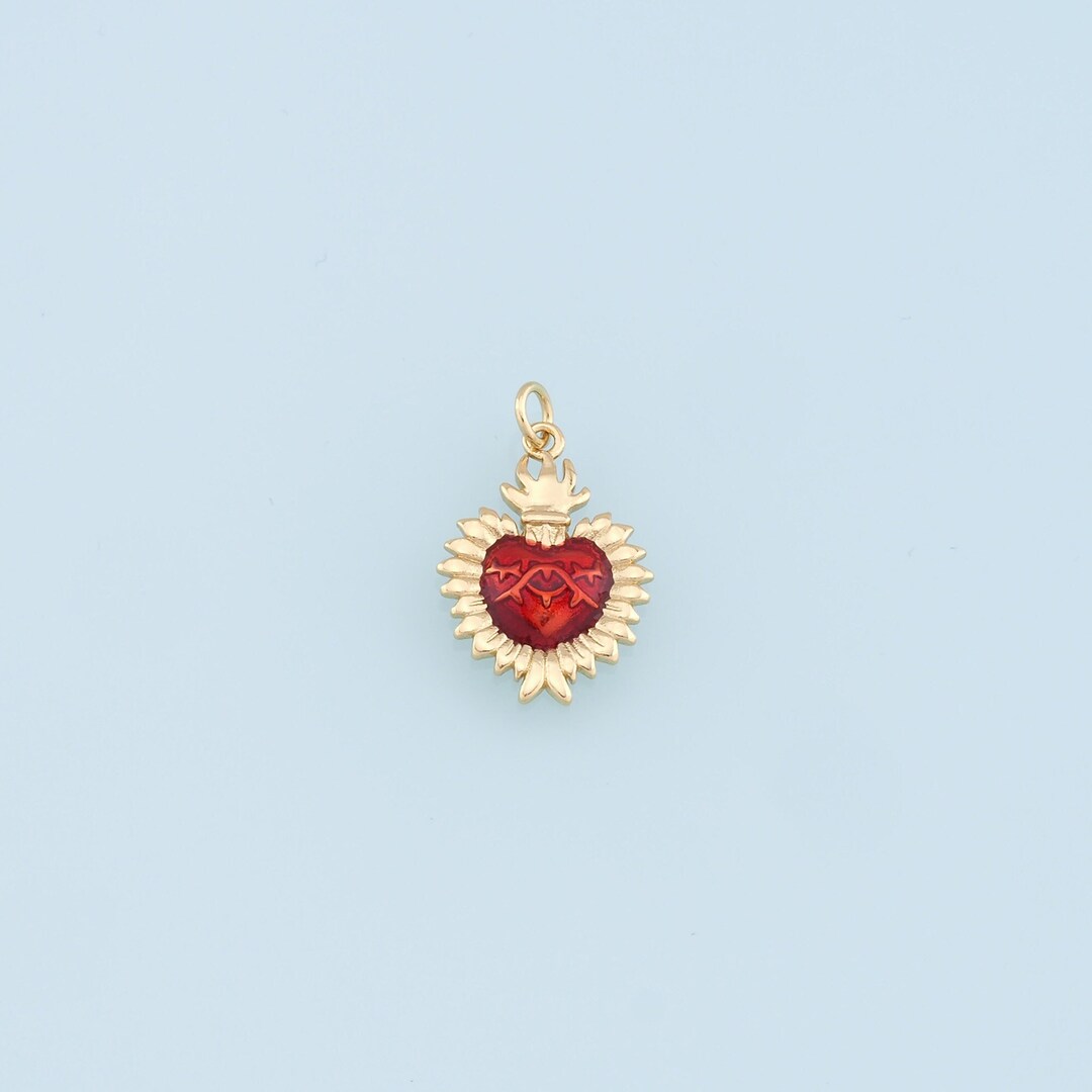 Gold Red Sacred Heart Charms,18k Gold Filled Flame Sacred Heart Pendant ...