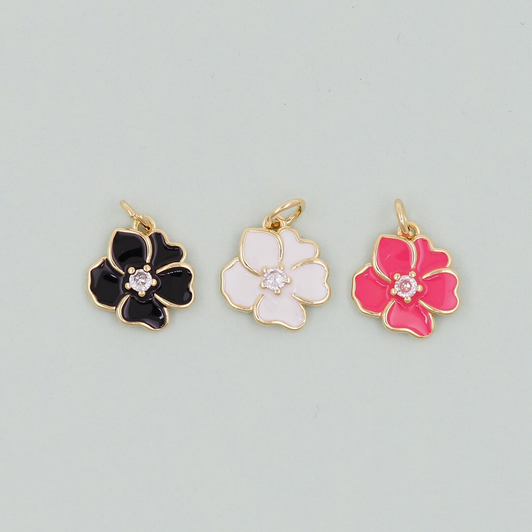 Gold Enamel Flower Charms,18k Gold Filled CZ Flower Pendant,silver ...