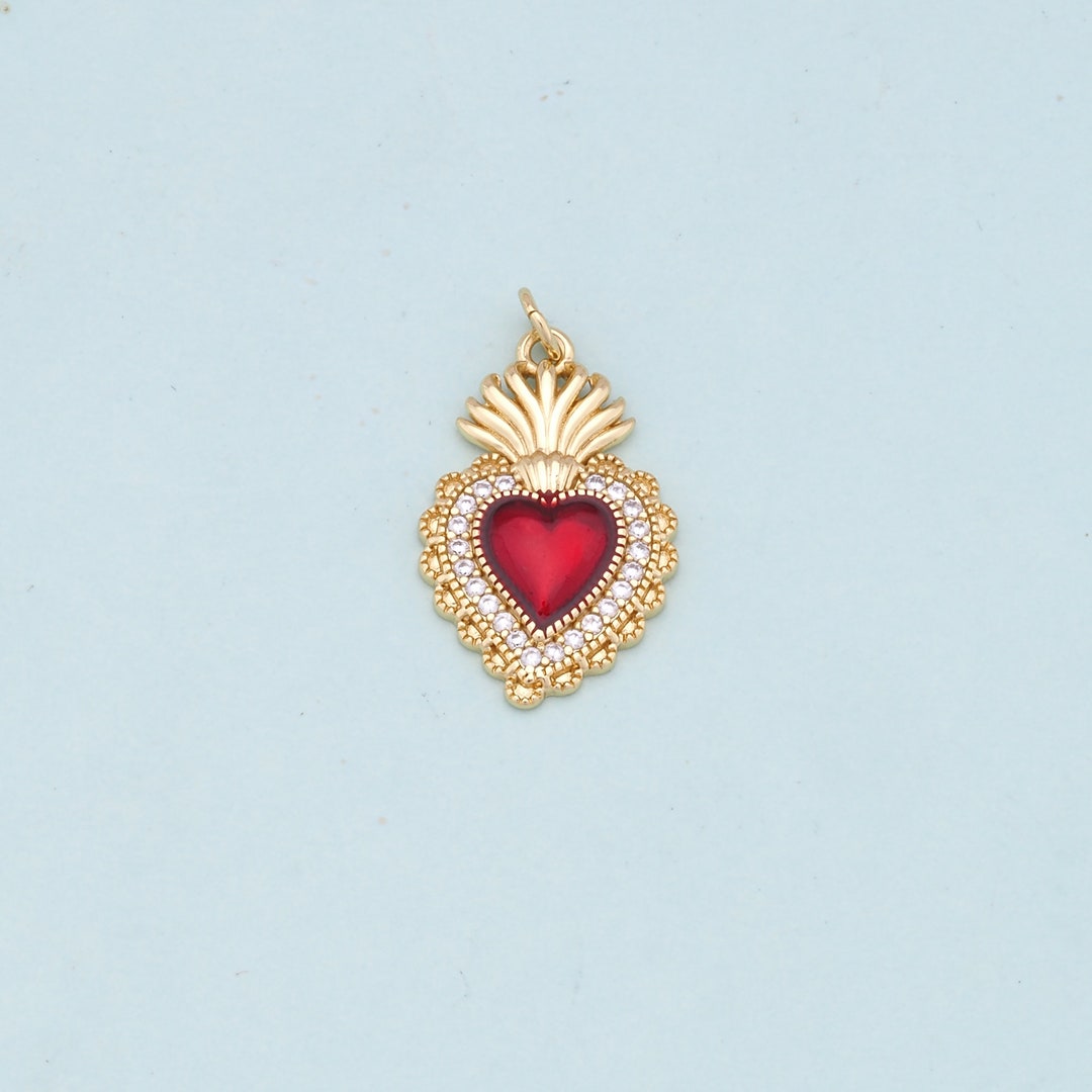 Gold Red Sacred Heart Charms,18k Gold Filled Flame Sacred Heart Pendant ...